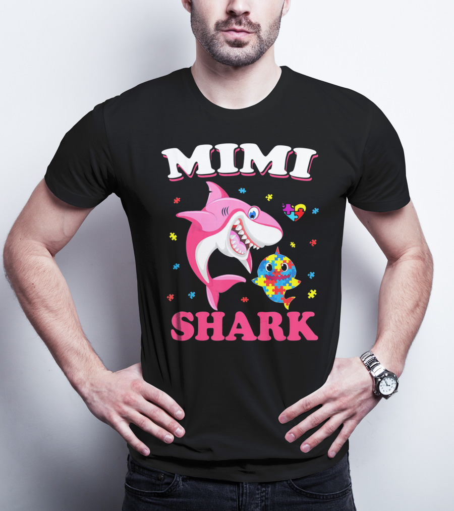 Mimi Shark Autism Awareness Puzzle Heart Colorful Sharks T-Shirt