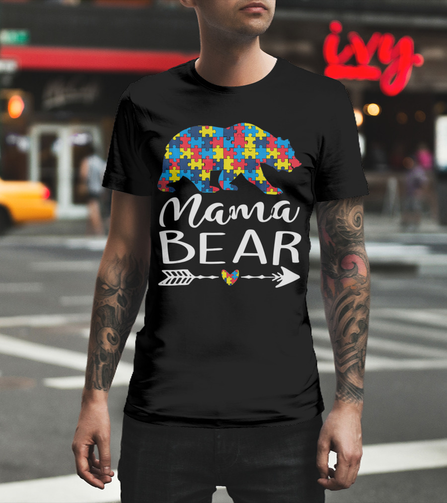 Mama Bear Autism Awareness Puzzle Heart Arrow T-Shirt
