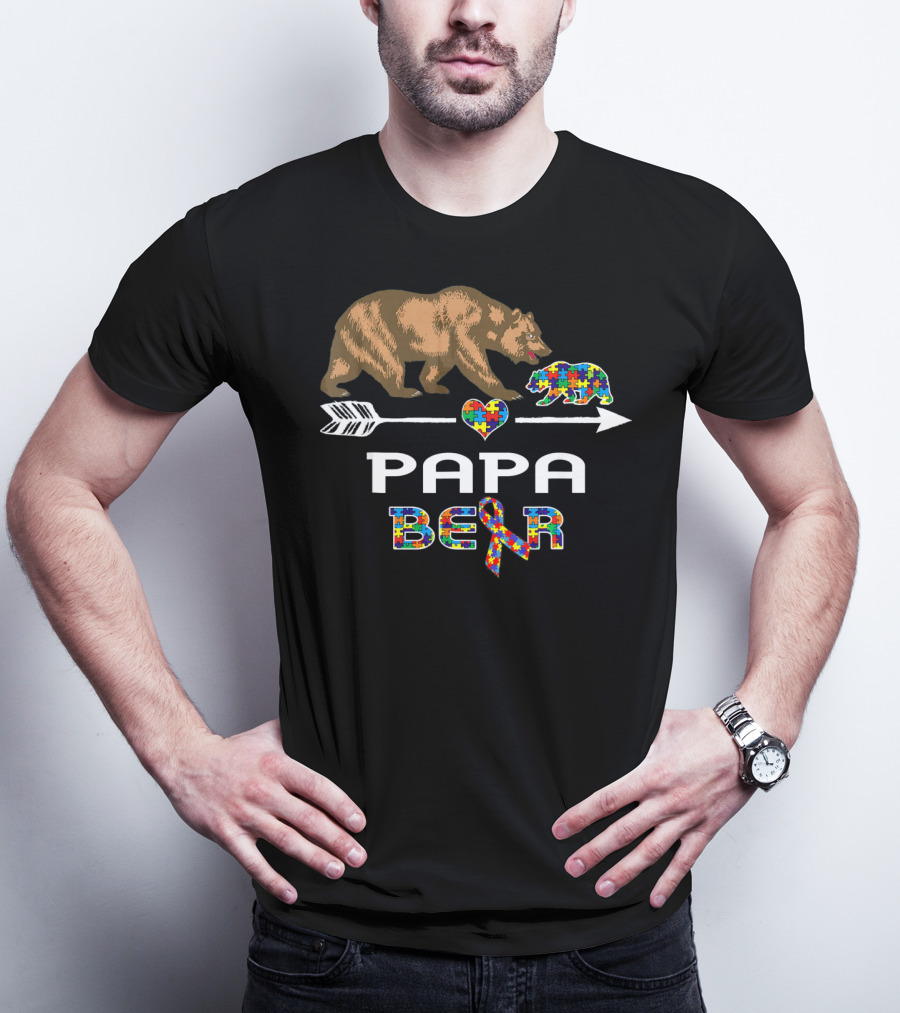 Papa Bear Puzzle Heart Arrow Autism Awareness T-Shirt