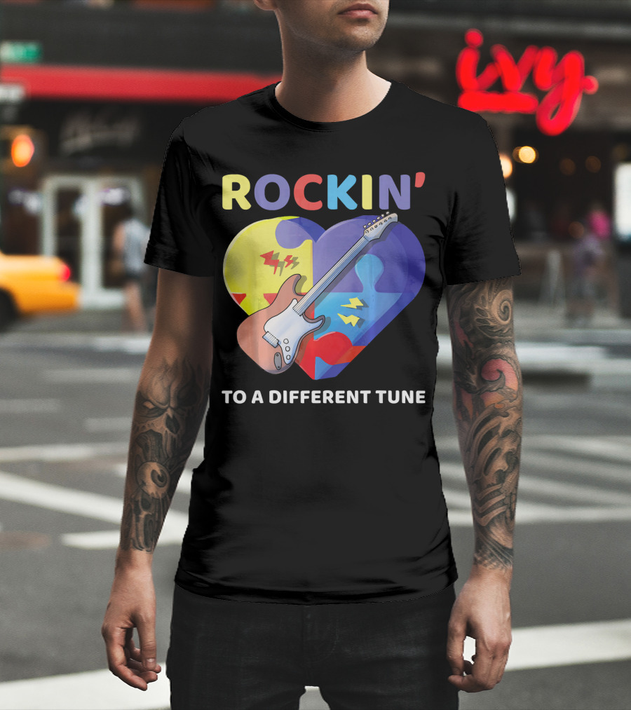 Rockin' To A Different Tune Autism Awareness Guitar Heart Puzzle T-Shirt