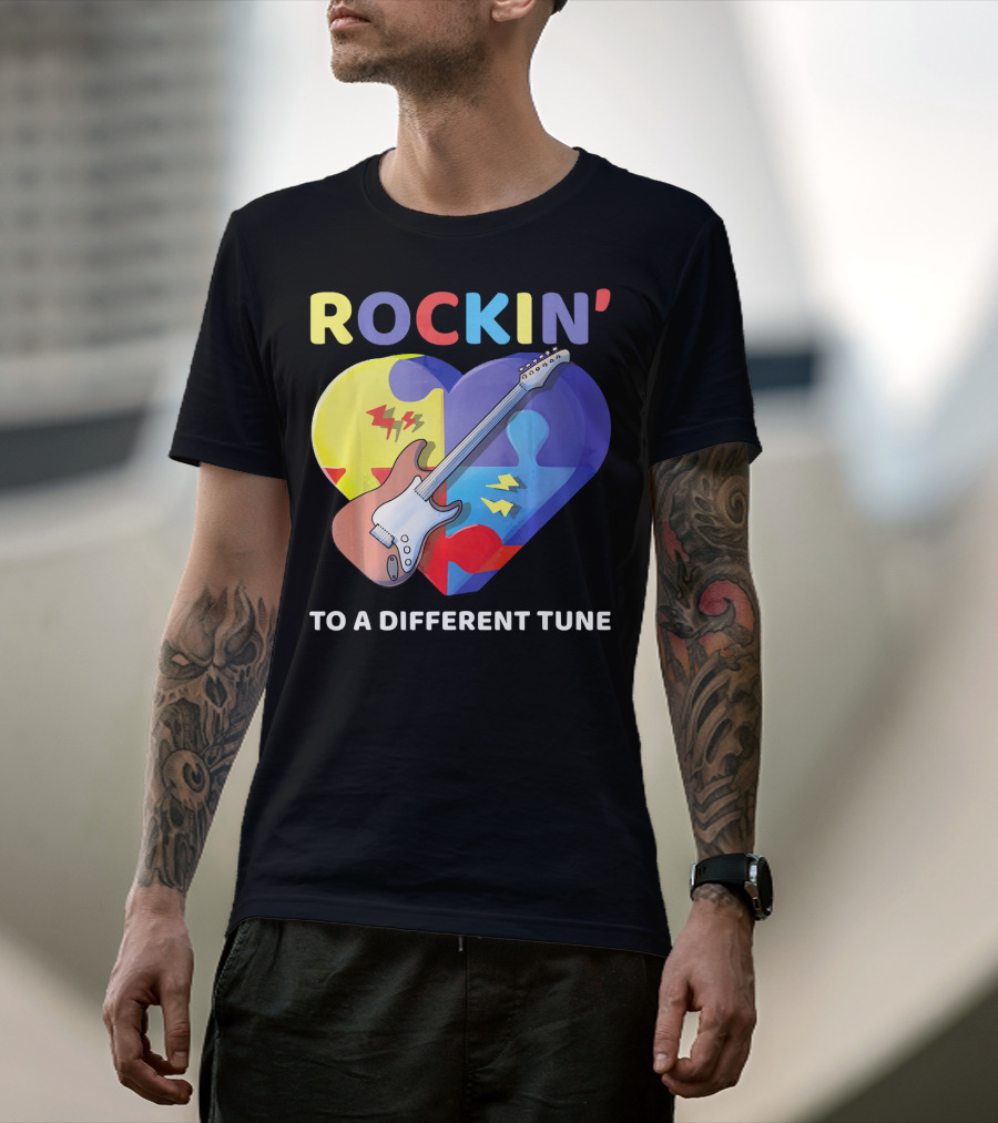 Rockin' To A Different Tune Autism Awareness Guitar Heart Puzzle T-Shirt