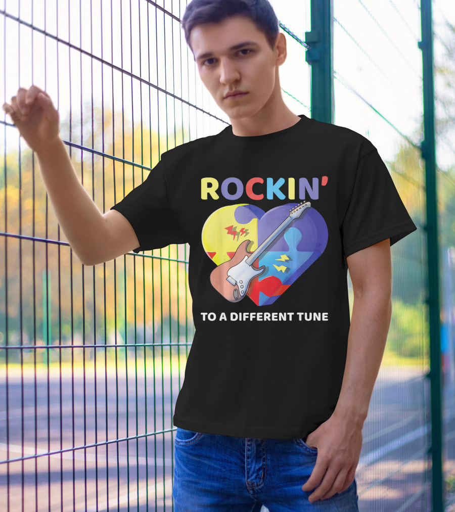 Rockin' To A Different Tune Autism Awareness Guitar Heart Puzzle T-Shirt