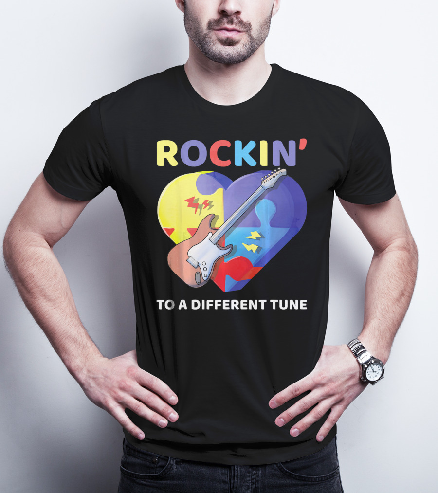 Rockin' To A Different Tune Autism Awareness Guitar Heart Puzzle T-Shirt