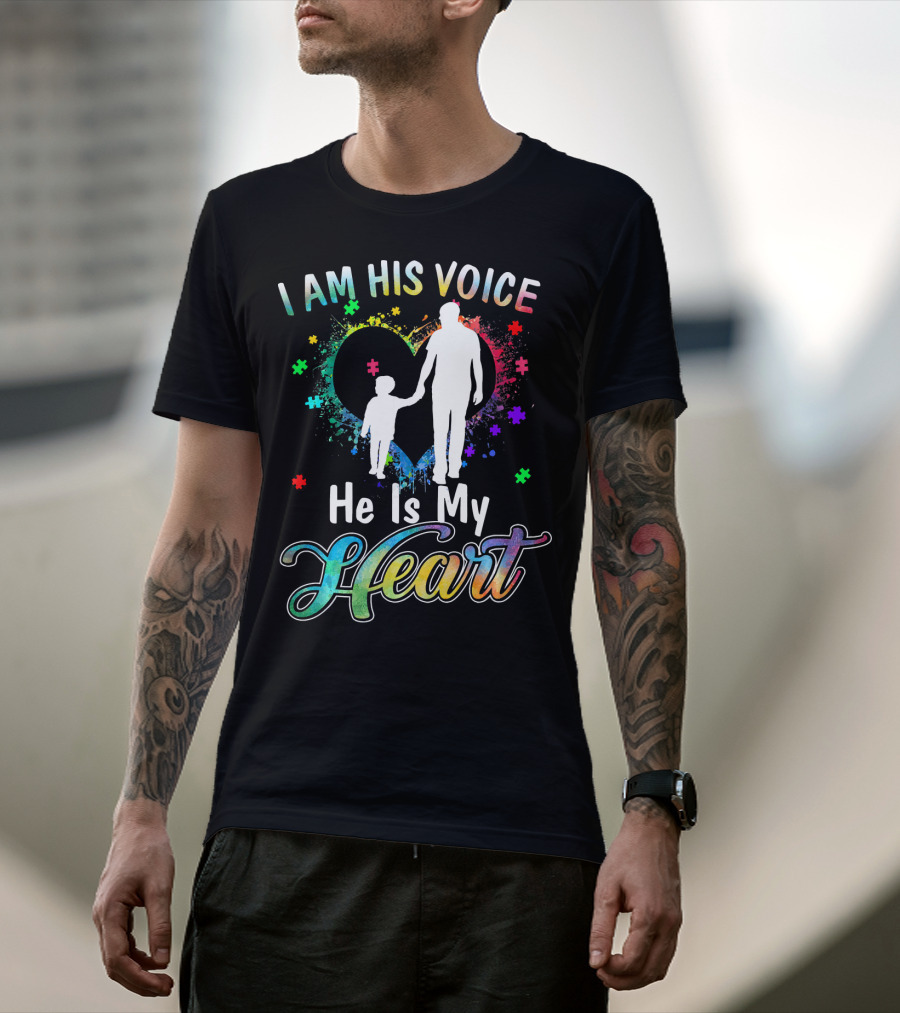 I Am His Voice He Is My Heart Autism Awareness Father And Child Silhouette With Colorful Puzzle T-Shirt