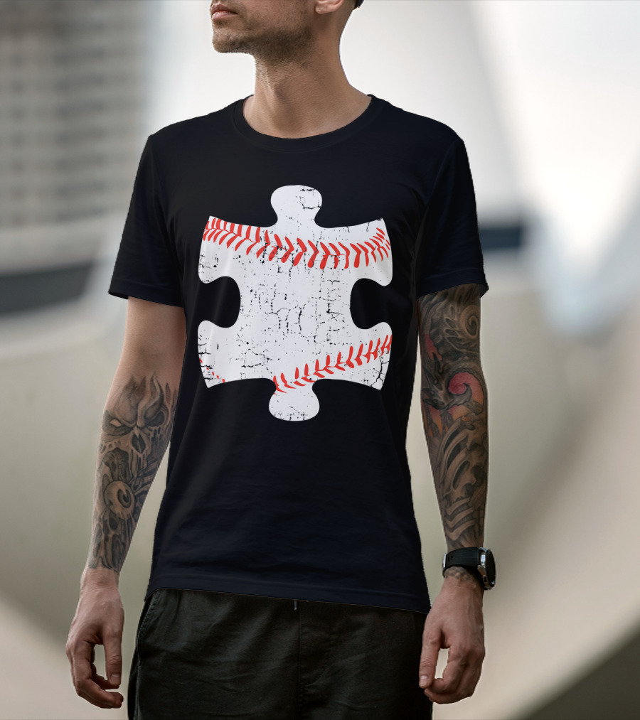 Baseball Stitch Puzzle Piece Autism Awareness T-Shirt