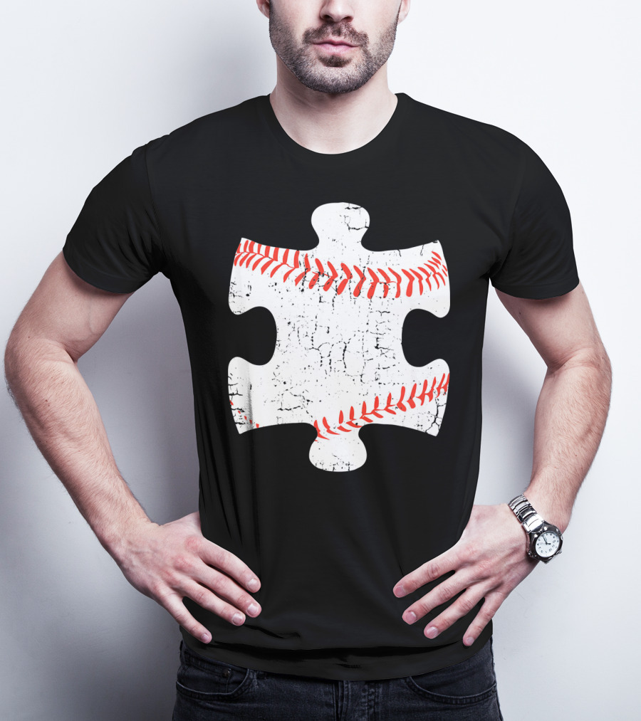 Baseball Stitch Puzzle Piece Autism Awareness T-Shirt
