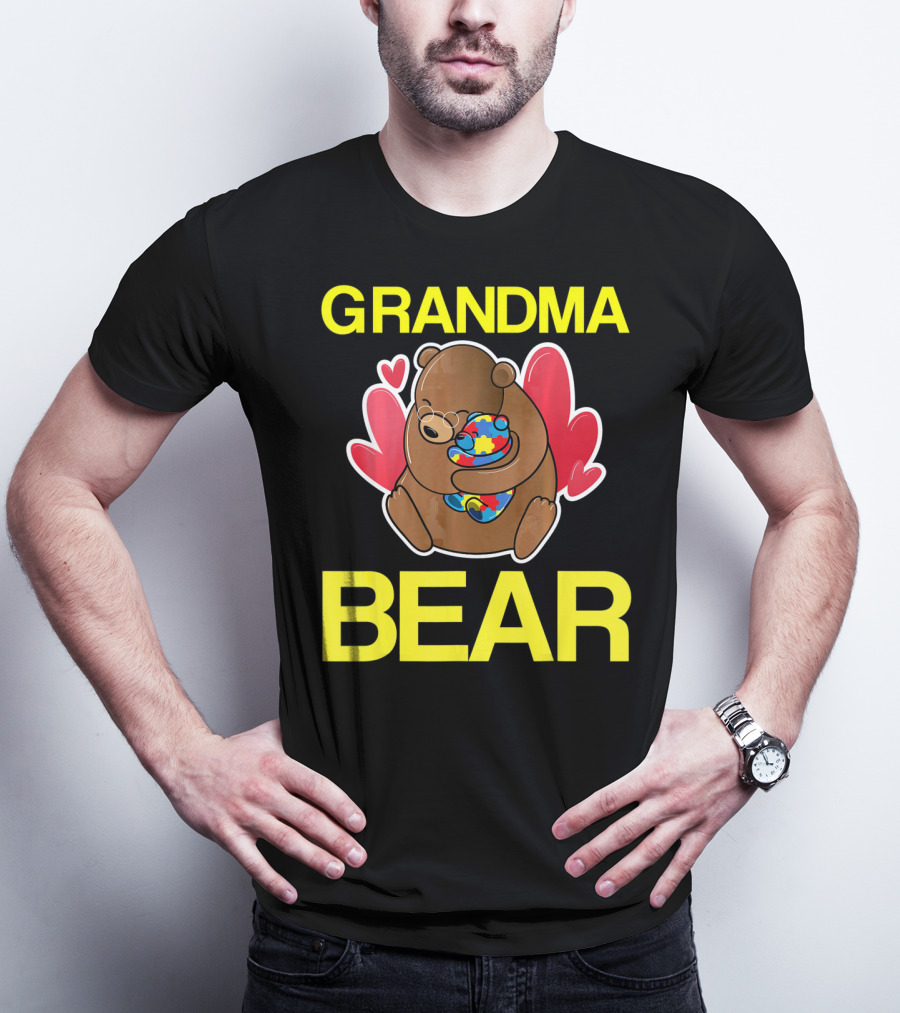 Grandma Bear Hugging Bear With Autism Puzzle Heart Balloon T-Shirt