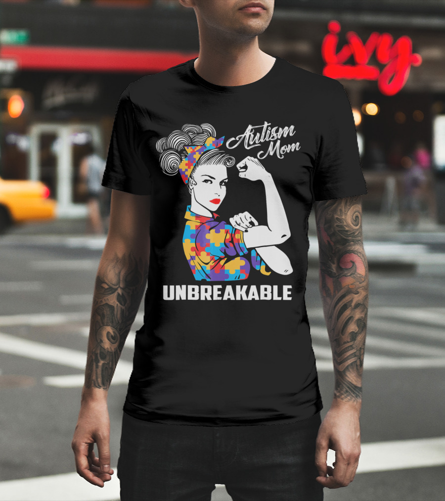 Autism Mom Unbreakable Puzzle Pattern Rosie The Riveter T-Shirt