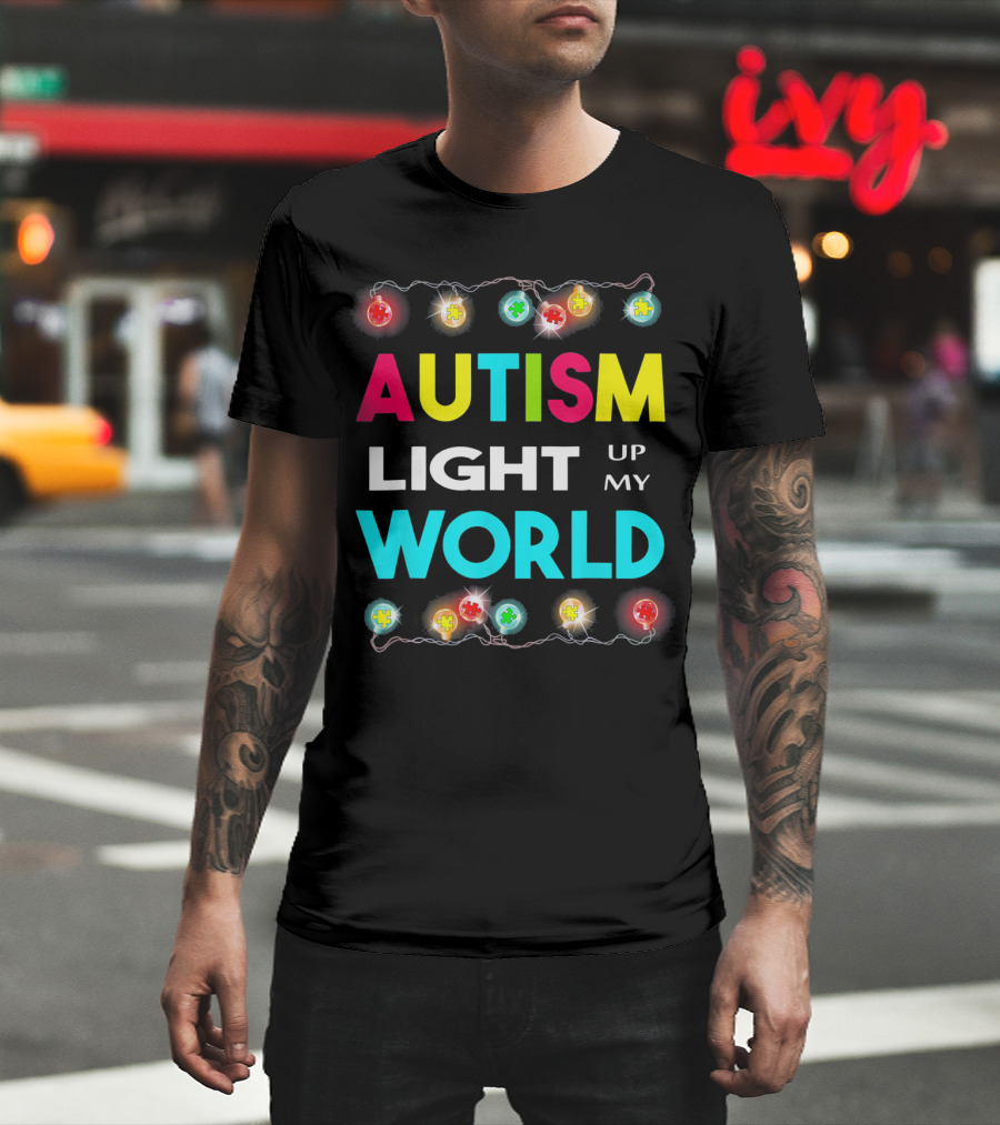 Autism Light Up My World Autism Awareness Puzzle String Lights T-Shirt