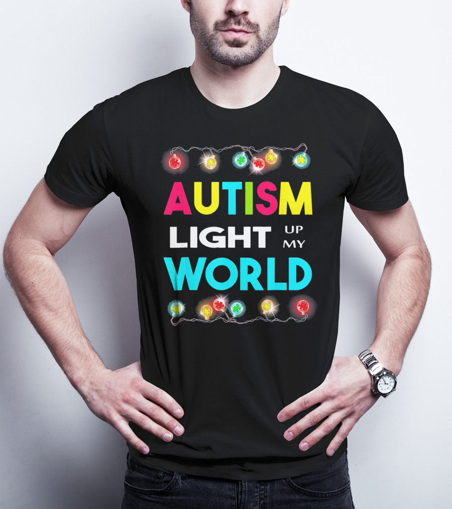 Autism Light Up My World Autism Awareness Puzzle String Lights T-Shirt