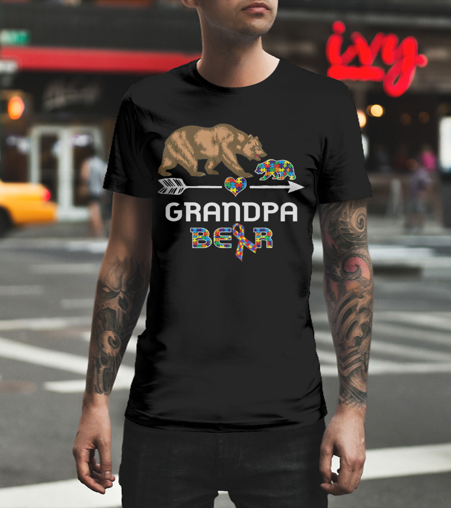 Grandpa Bear Autism Awareness Puzzle Heart And Ribbon T-Shirt