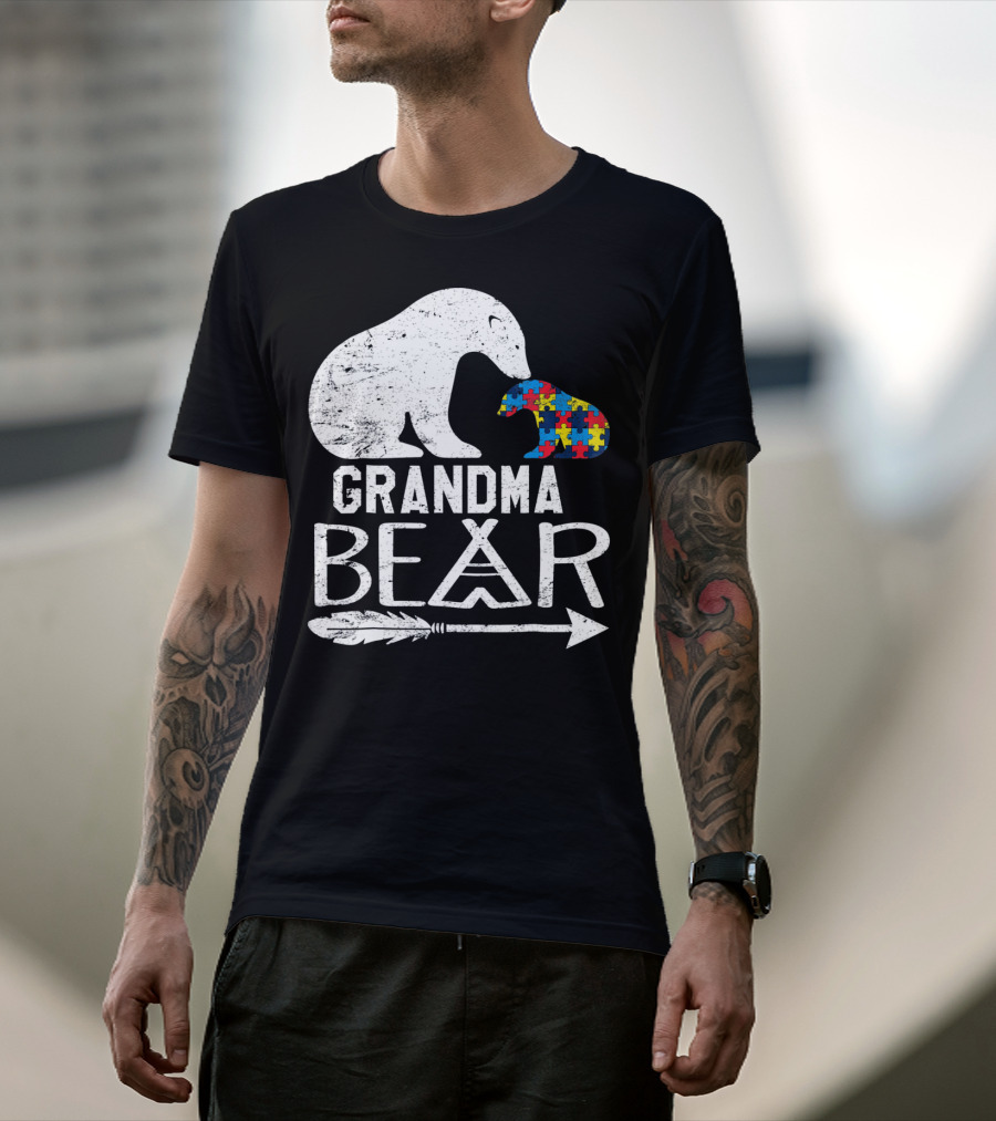 Grandma Bear Autism Awareness Puzzle Piece Arrow T-Shirt