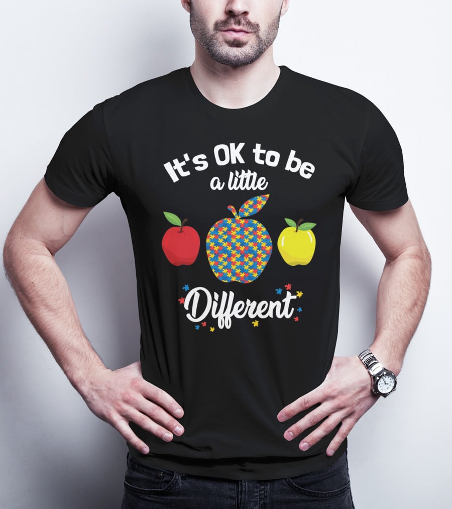 It's OK To Be A Little Different Apple Teacher Aut Puzzle Pattern Red Yellow T-Shirt