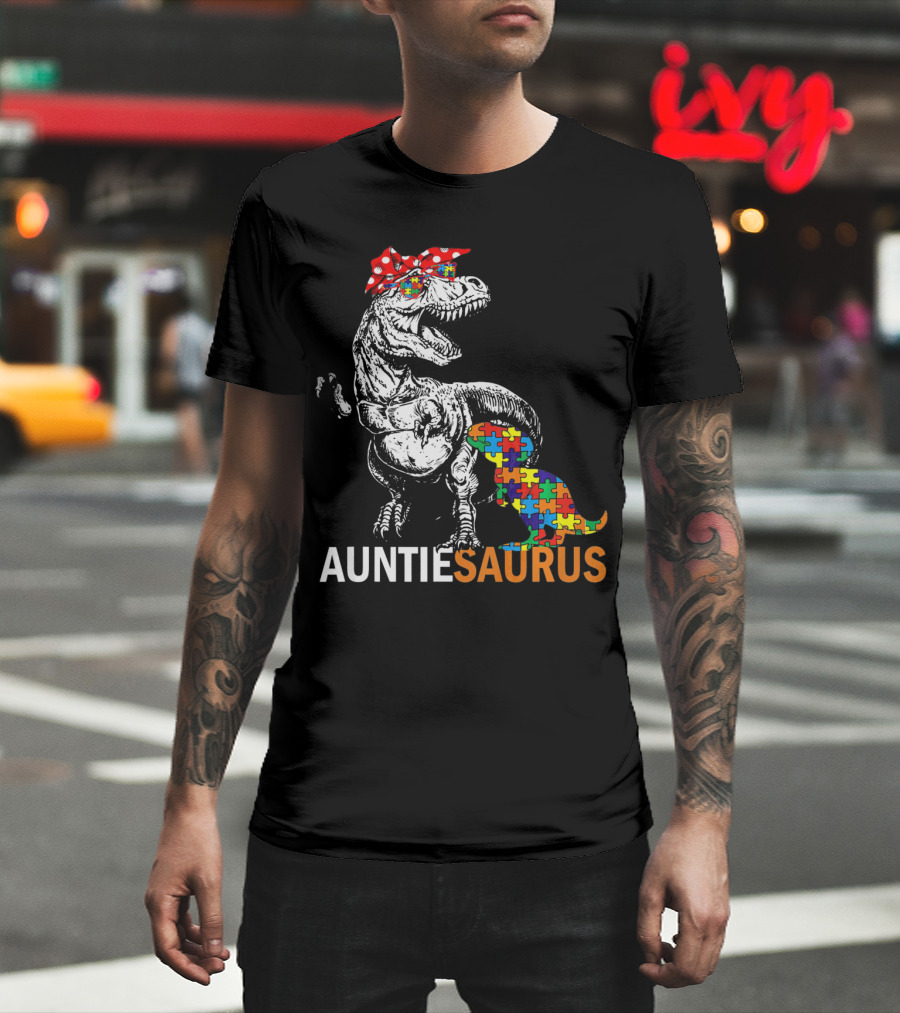 Auntie Saurus Puzzle Pattern Autism Dinosaur T-Shirt
