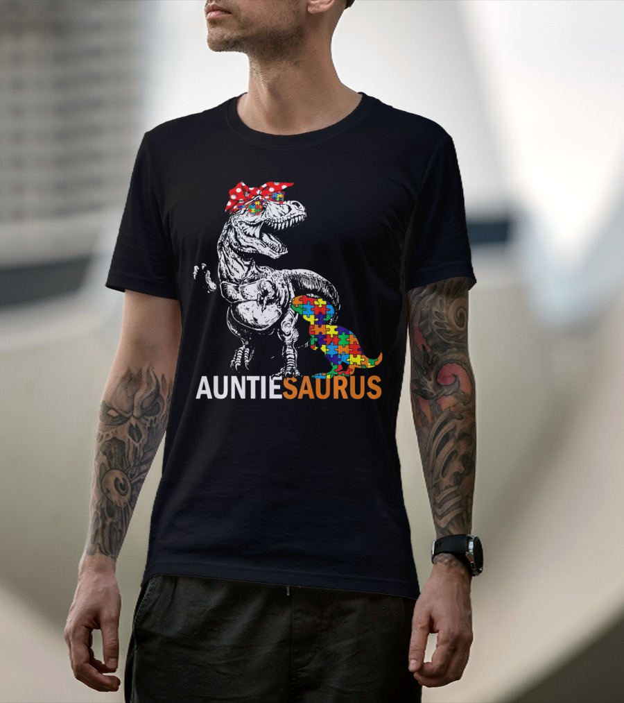Auntie Saurus Puzzle Pattern Autism Dinosaur T-Shirt