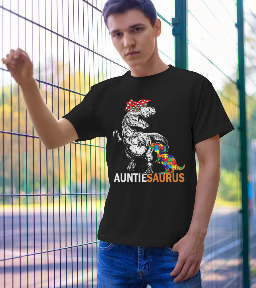 Auntie Saurus Puzzle Pattern Autism Dinosaur T-Shirt