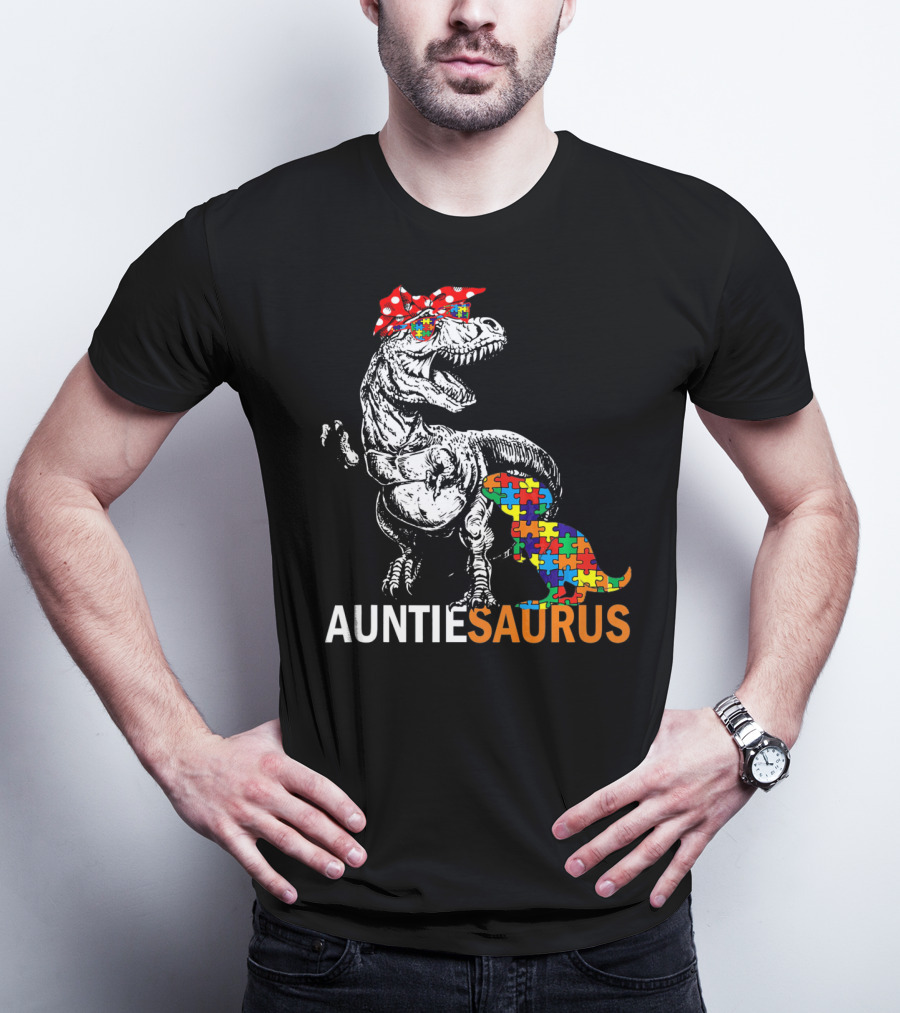 Auntie Saurus Puzzle Pattern Autism Dinosaur T-Shirt