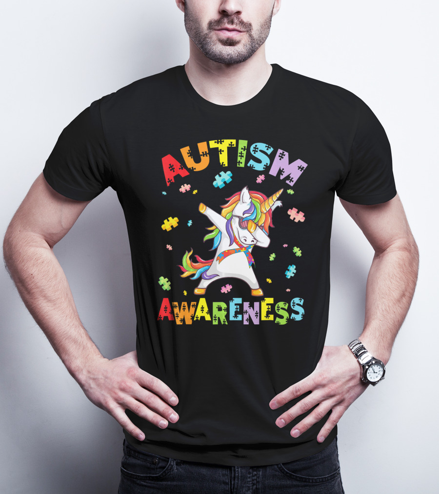 Autism Awareness Cute Unicorn Dabbing With Puzzle Pieces T-Shirt