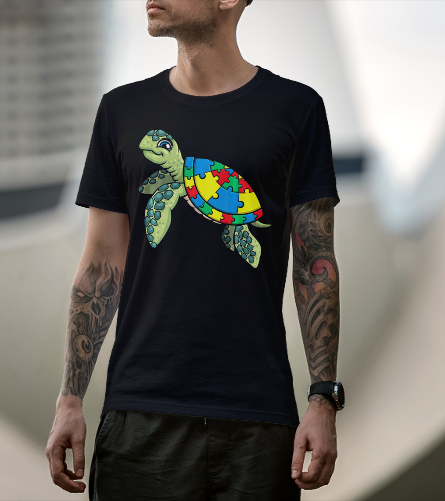 Turtle With Colorful Puzzle Pieces For Autism Awareness T-Shirt