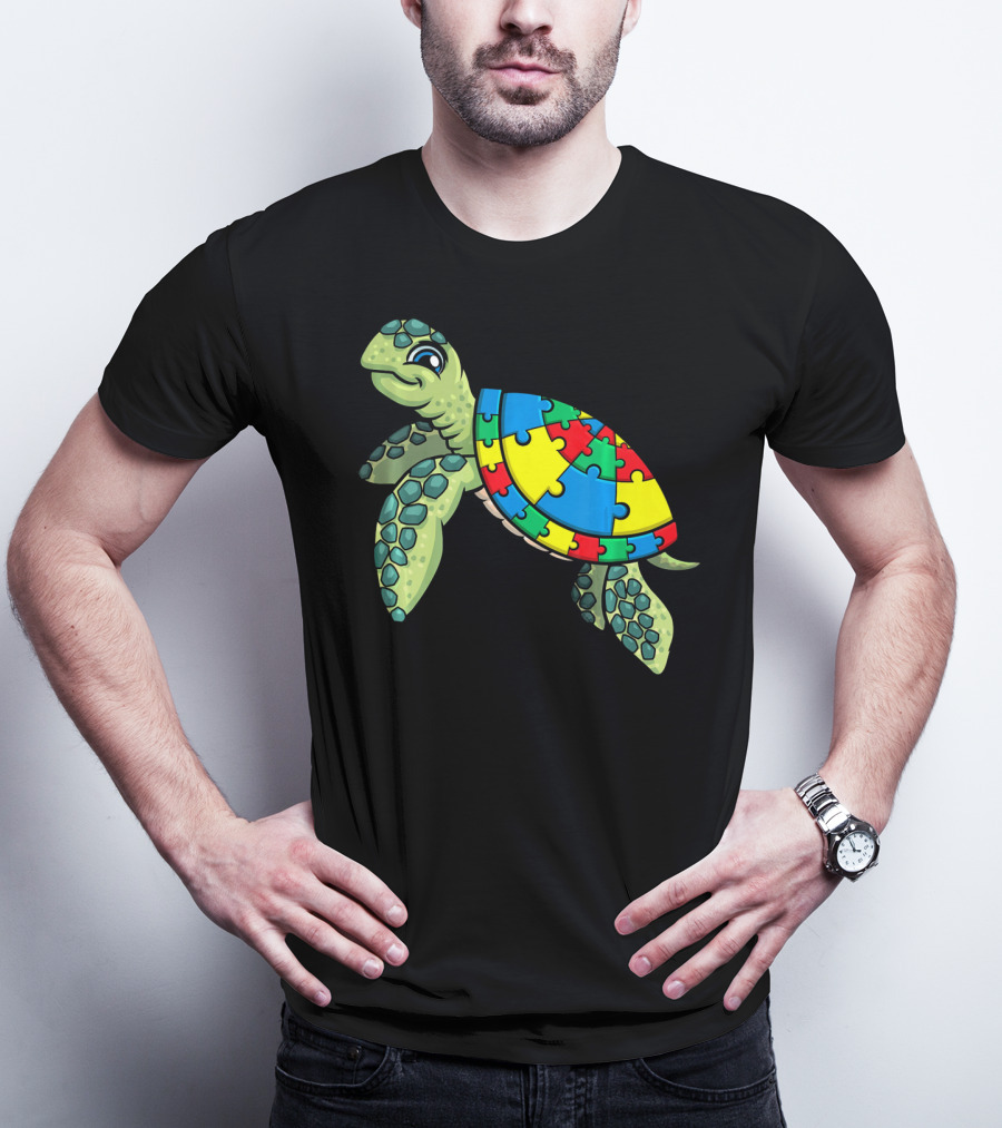 Turtle With Colorful Puzzle Pieces For Autism Awareness T-Shirt