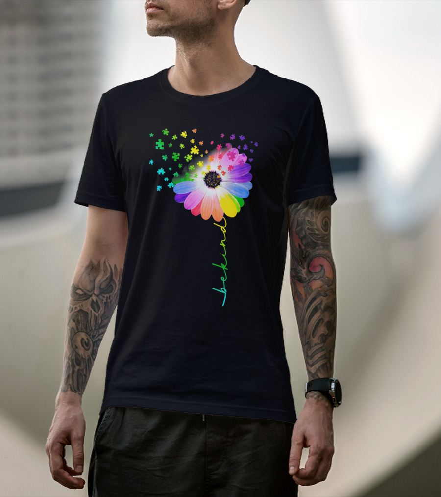 Flower Daisy Dandelion Be Kind Rainbow Puzzle Autism Awareness T-Shirt