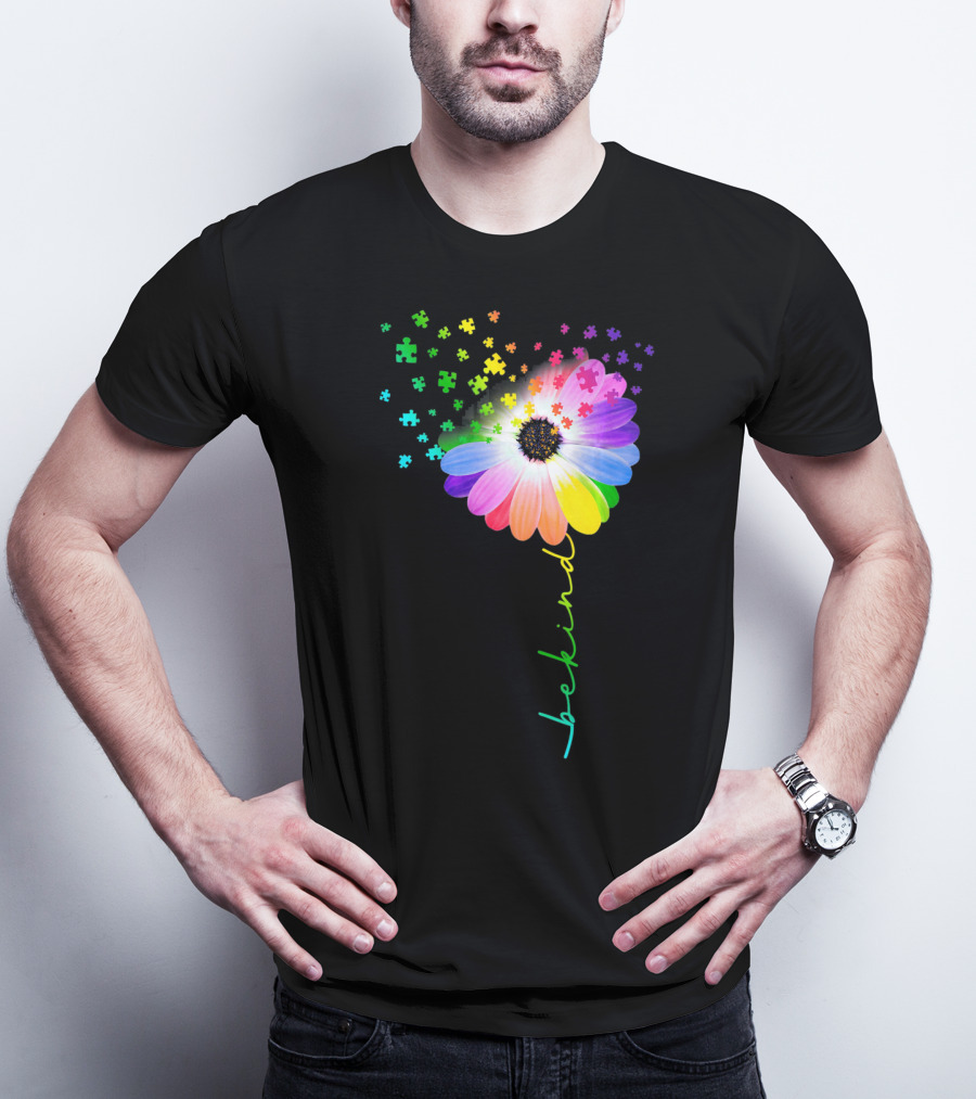 Flower Daisy Dandelion Be Kind Rainbow Puzzle Autism Awareness T-Shirt