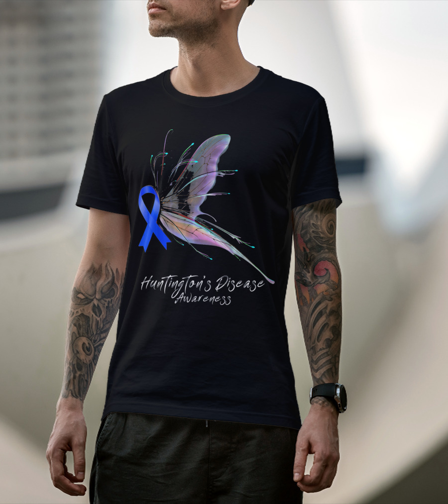 Huntington's Disease Awareness Blue Ribbon Butterfly T-Shirt