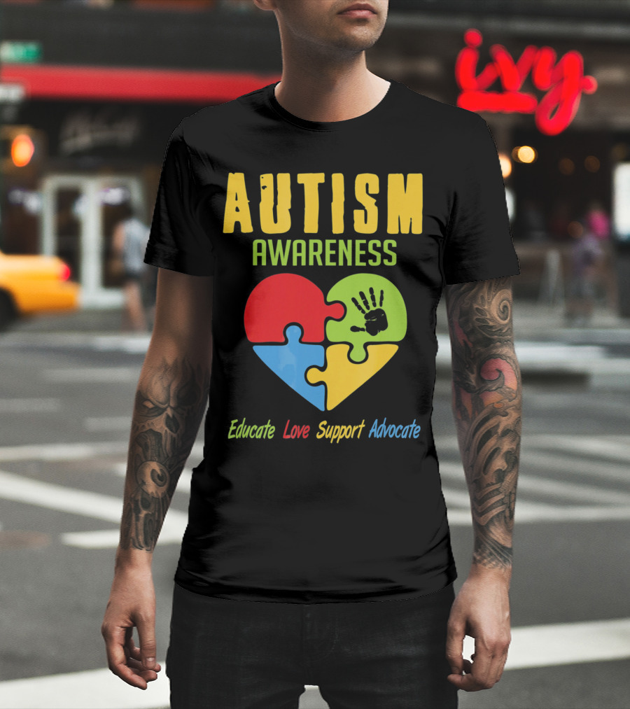 Autism Awareness Advocate Educate Love Support Puzzle Heart Handprint T-Shirt