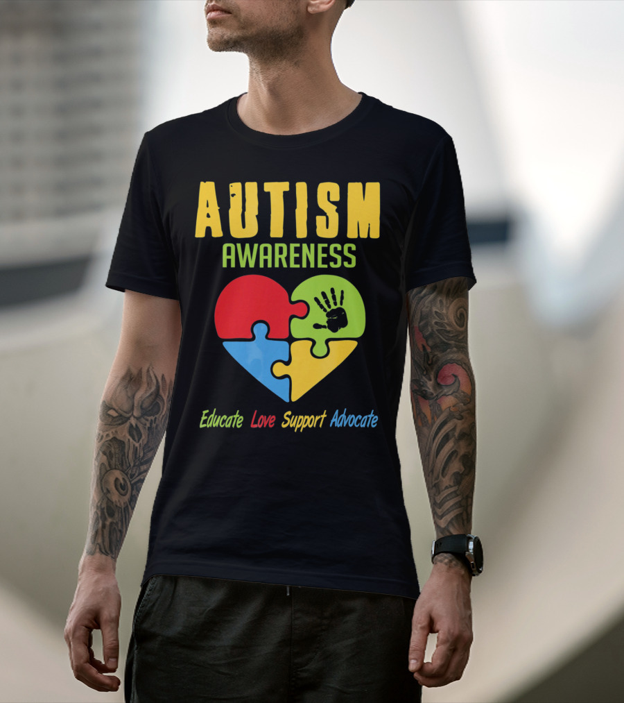 Autism Awareness Advocate Educate Love Support Puzzle Heart Handprint T-Shirt