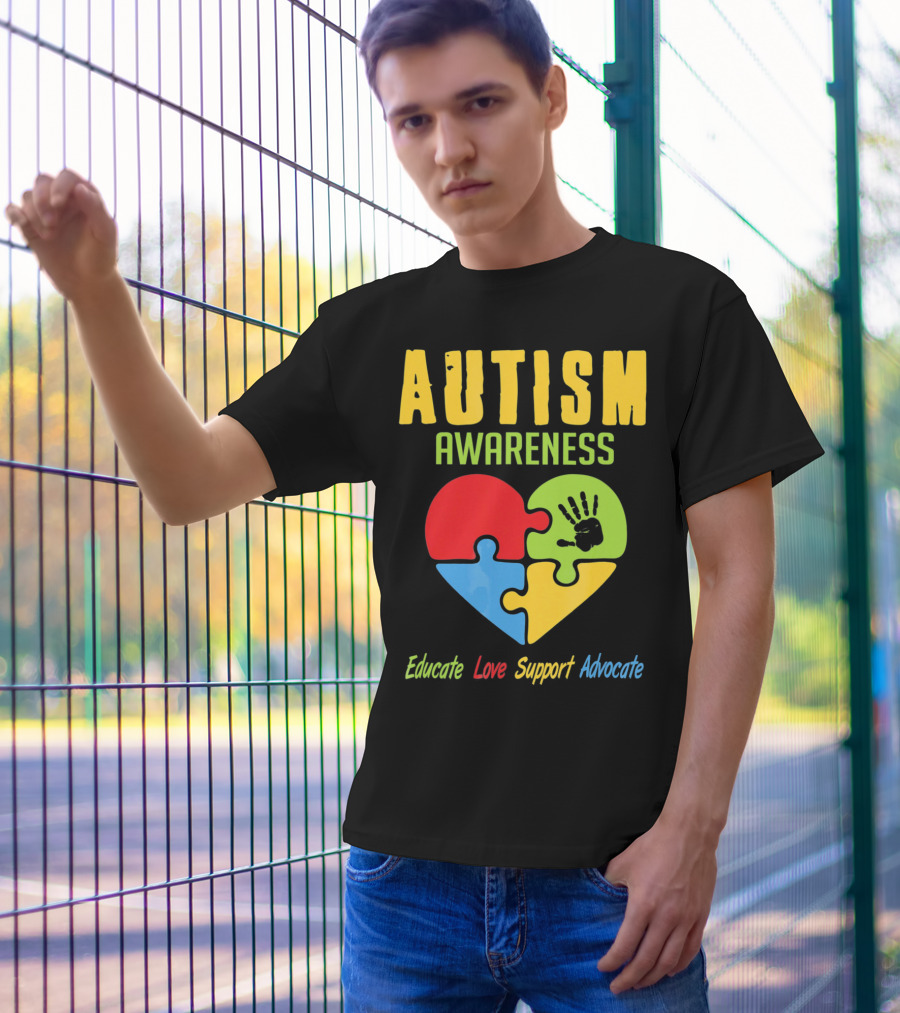 Autism Awareness Advocate Educate Love Support Puzzle Heart Handprint T-Shirt