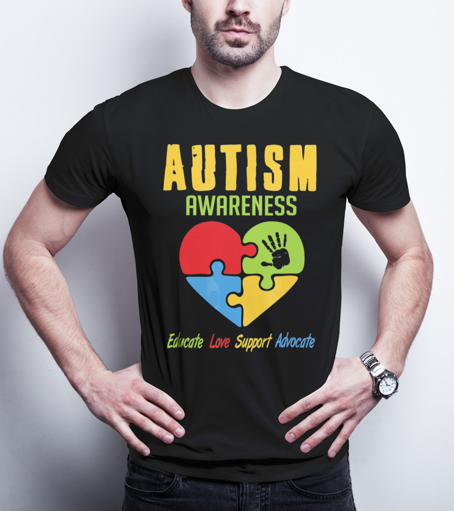 Autism Awareness Advocate Educate Love Support Puzzle Heart Handprint T-Shirt