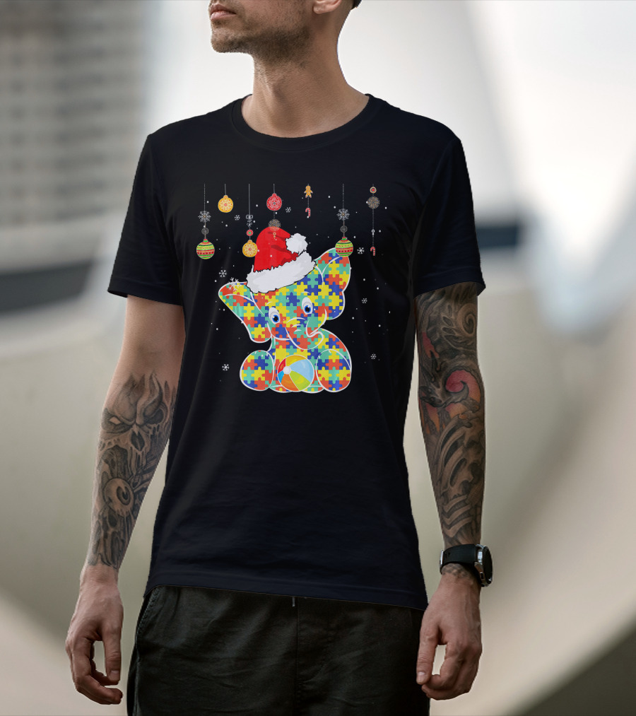 Festive Christmas Elephant In Santa Hat With Autism Puzzle T-Shirt