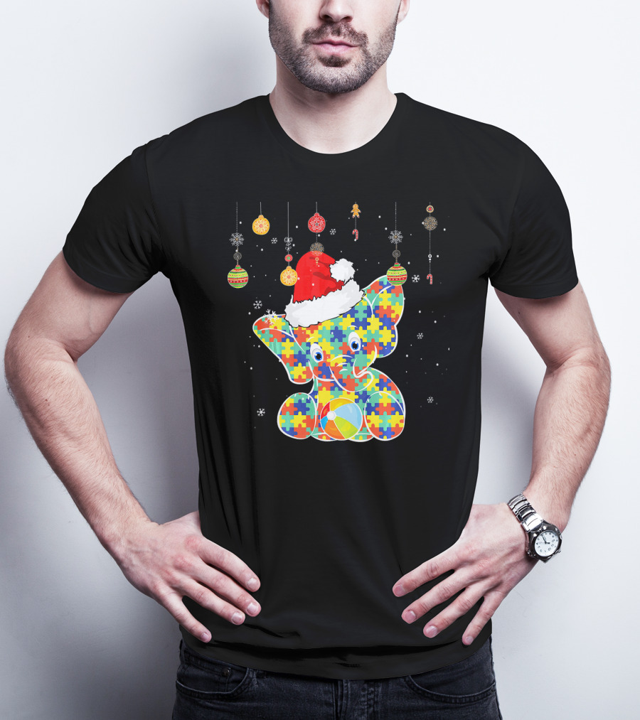 Festive Christmas Elephant In Santa Hat With Autism Puzzle T-Shirt