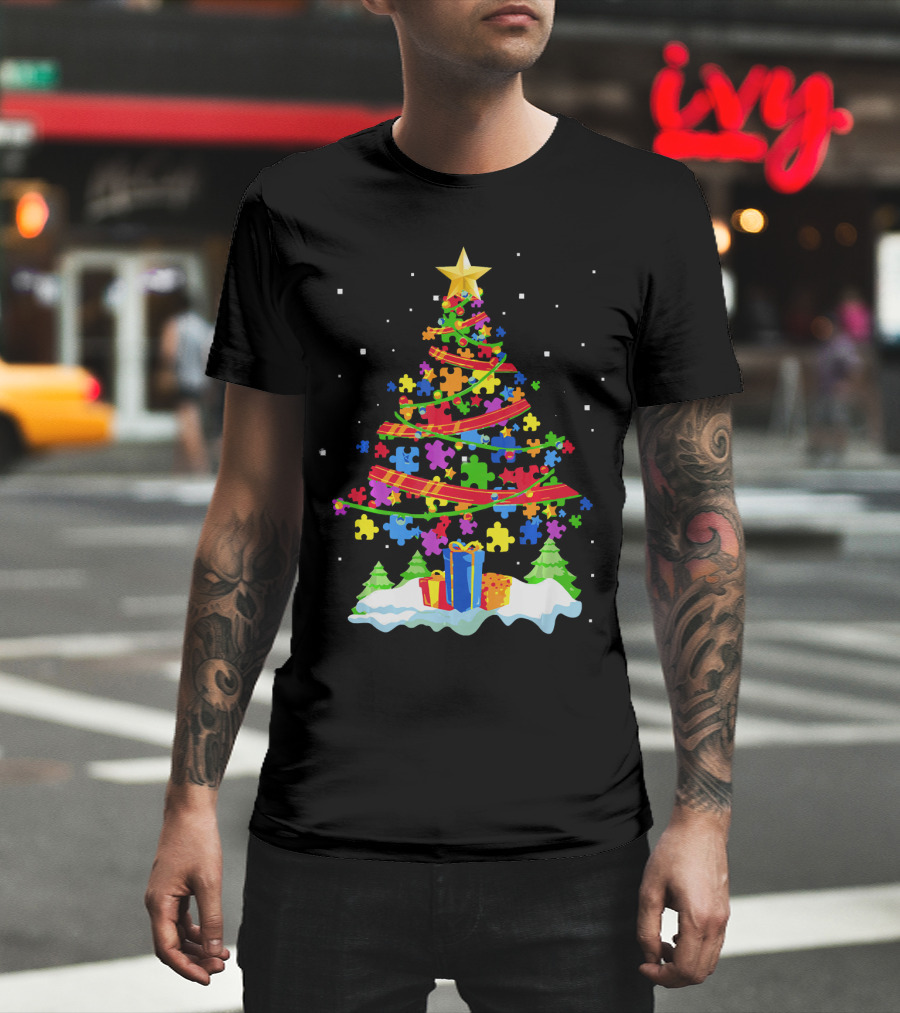Autism Awareness Christmas Tree Puzzle Pieces Holiday Celebrations T-Shirt