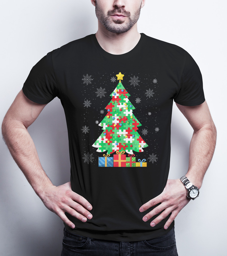 Autism Tree Christmas Puzzle Pattern With Gifts And Snowflakes T-Shirt