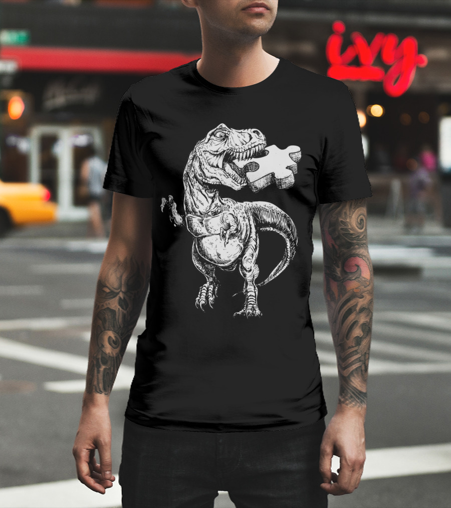 Cool Dinosaur Puzzle Piece Autism Awareness T-Shirt