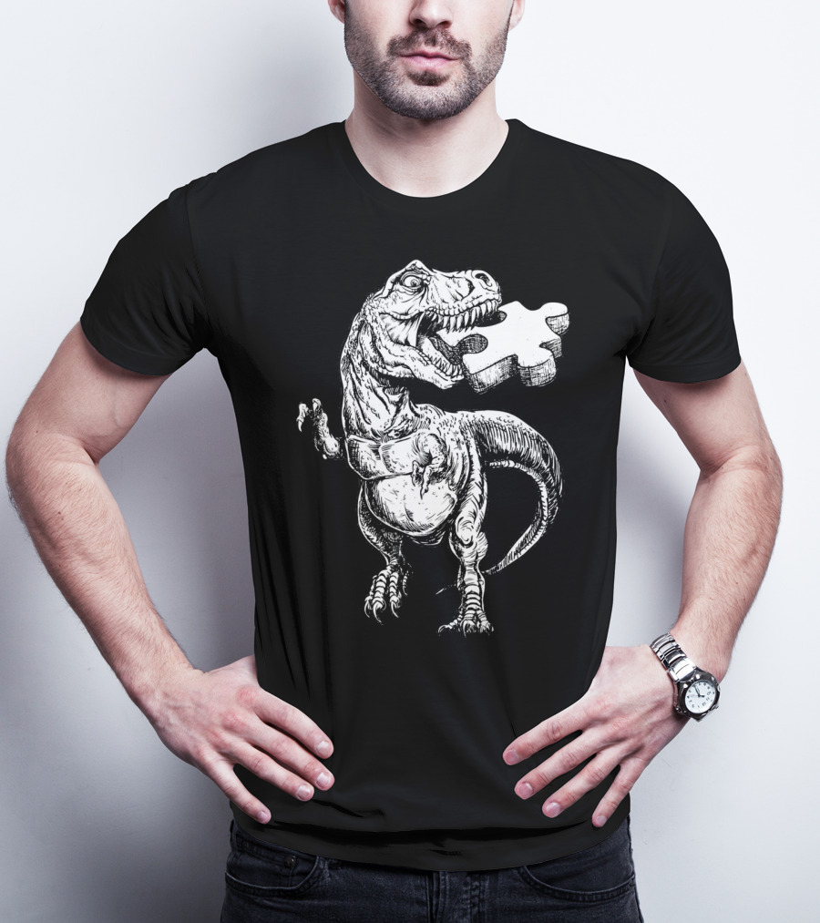 Cool Dinosaur Puzzle Piece Autism Awareness T-Shirt