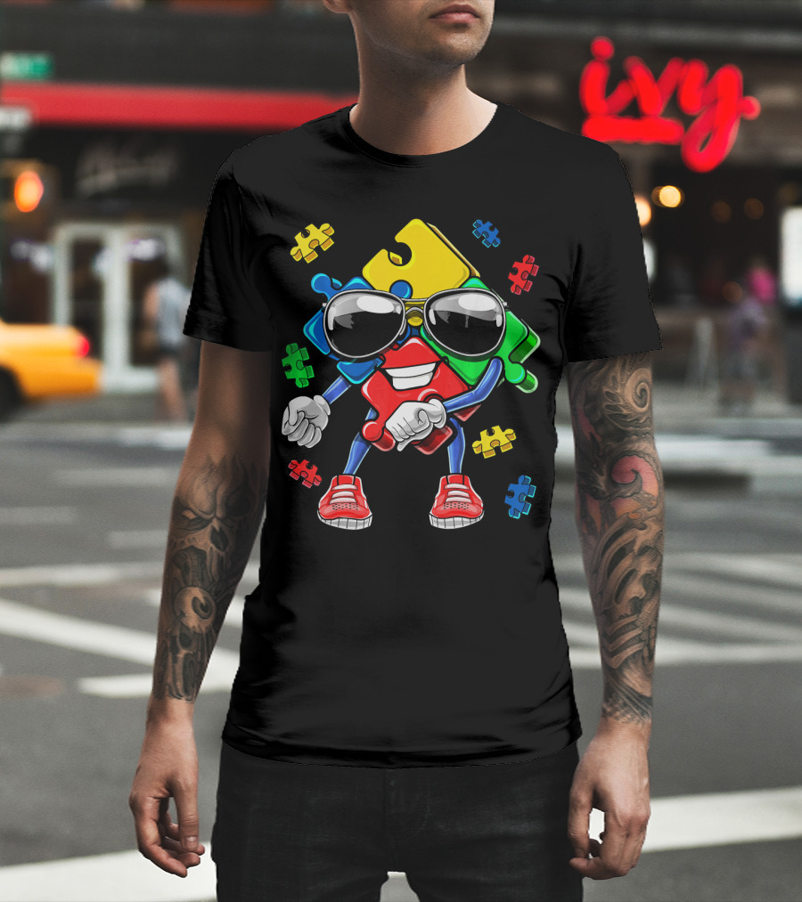 Autism Awareness Flossing Puzzle Piece With Sunglasses And Sneakers T-Shirt
