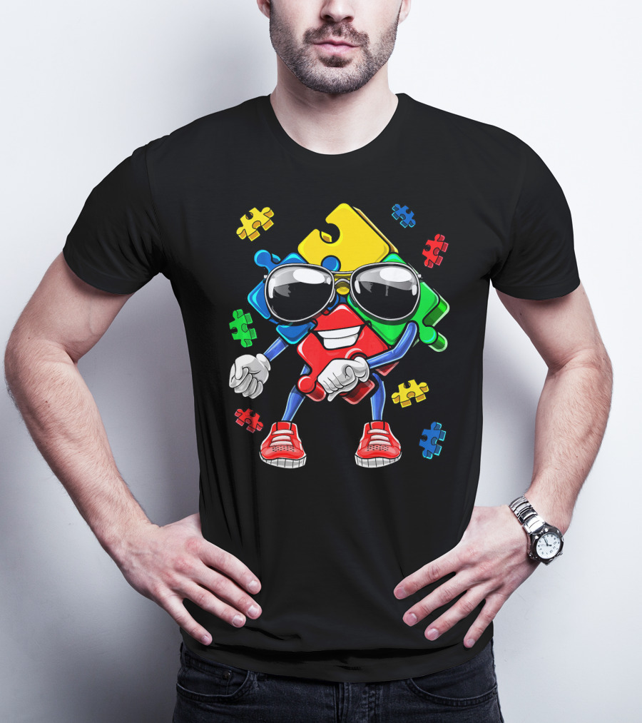 Autism Awareness Flossing Puzzle Piece With Sunglasses And Sneakers T-Shirt