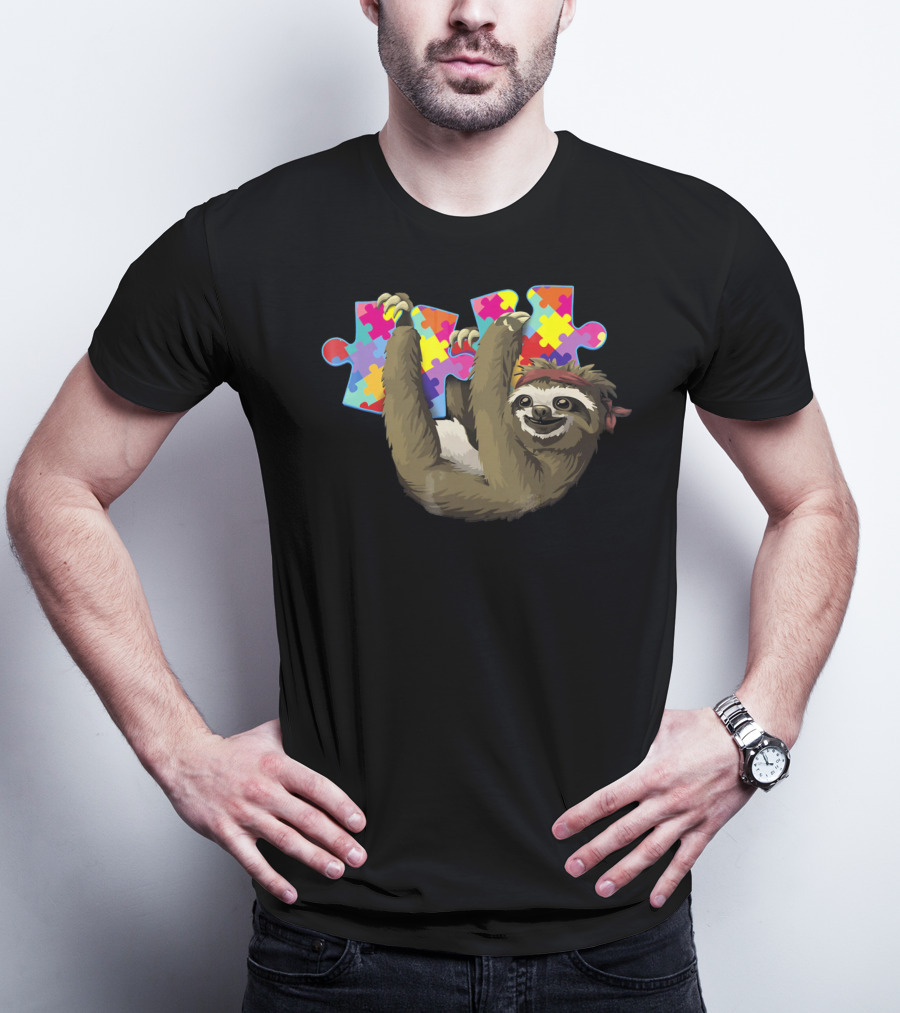 Sassy Sloth Holding Colorful Autism Awareness Puzzle Pieces T-Shirt
