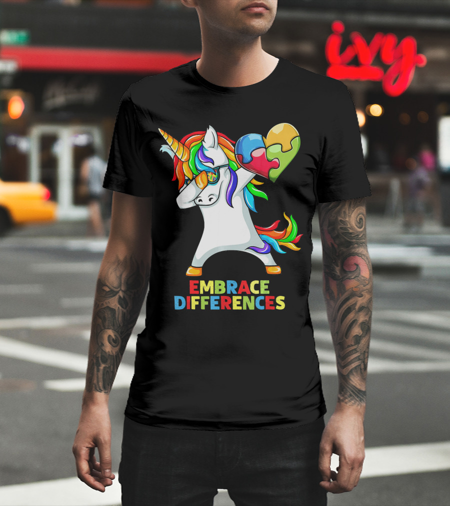 Dabbing Unicorn Embrace Differences Autism Puzzle Heart T-Shirt