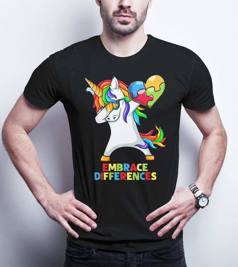 Dabbing Unicorn Embrace Differences Autism Puzzle Heart T-Shirt