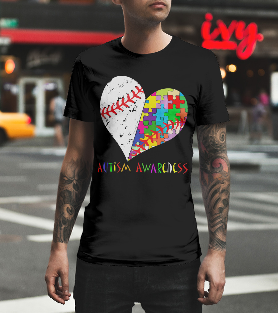 Swing For A Cause Baseball Heart Autism Awareness Puzzle Pieces T-Shirt
