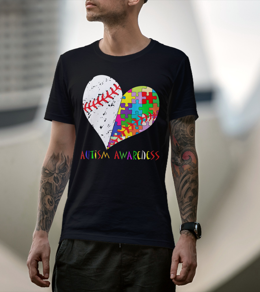 Swing For A Cause Baseball Heart Autism Awareness Puzzle Pieces T-Shirt