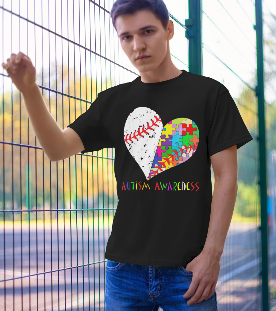 Swing For A Cause Baseball Heart Autism Awareness Puzzle Pieces T-Shirt