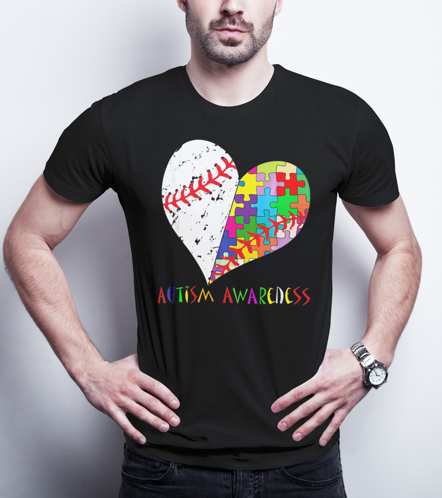 Swing For A Cause Baseball Heart Autism Awareness Puzzle Pieces T-Shirt