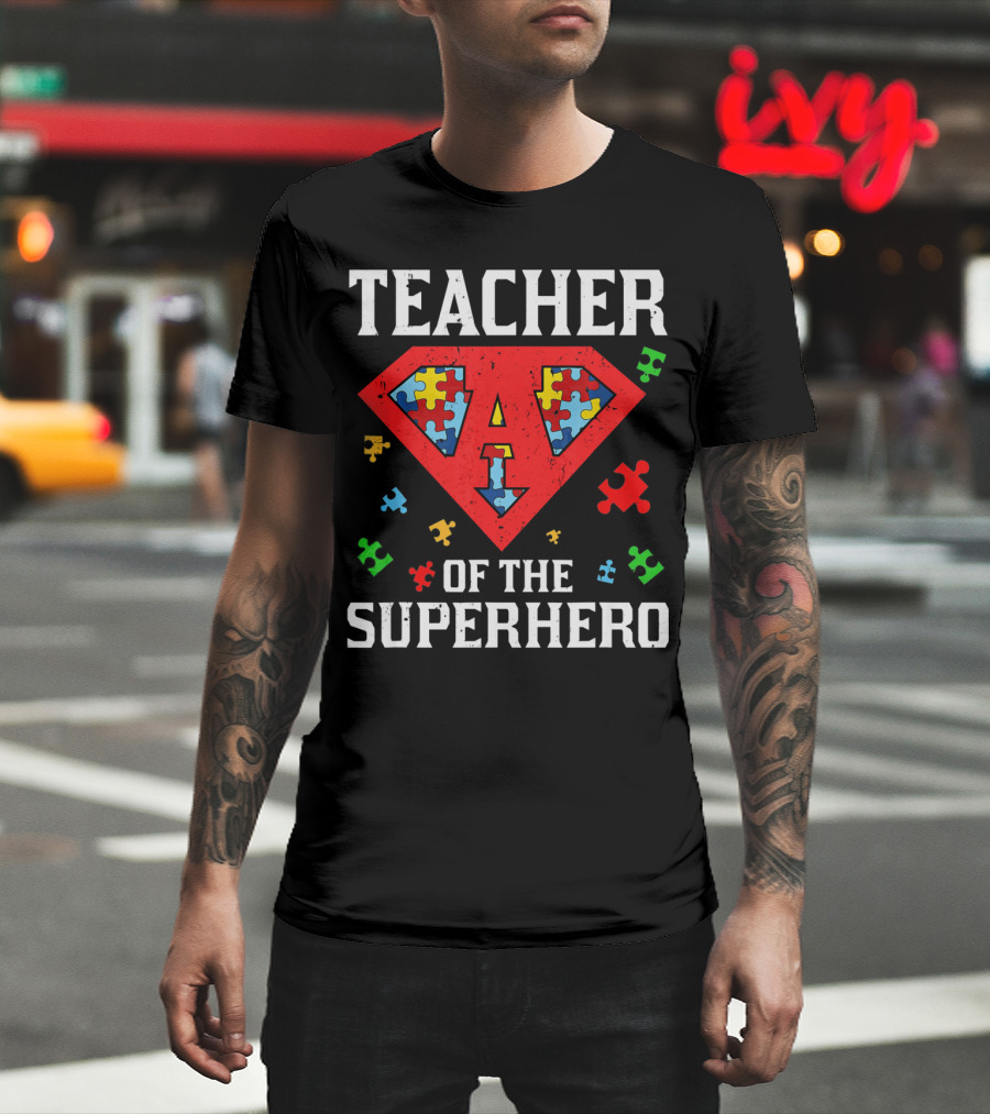 Teacher Of The Superhero With Puzzle Pieces Autism Awareness T-Shirt