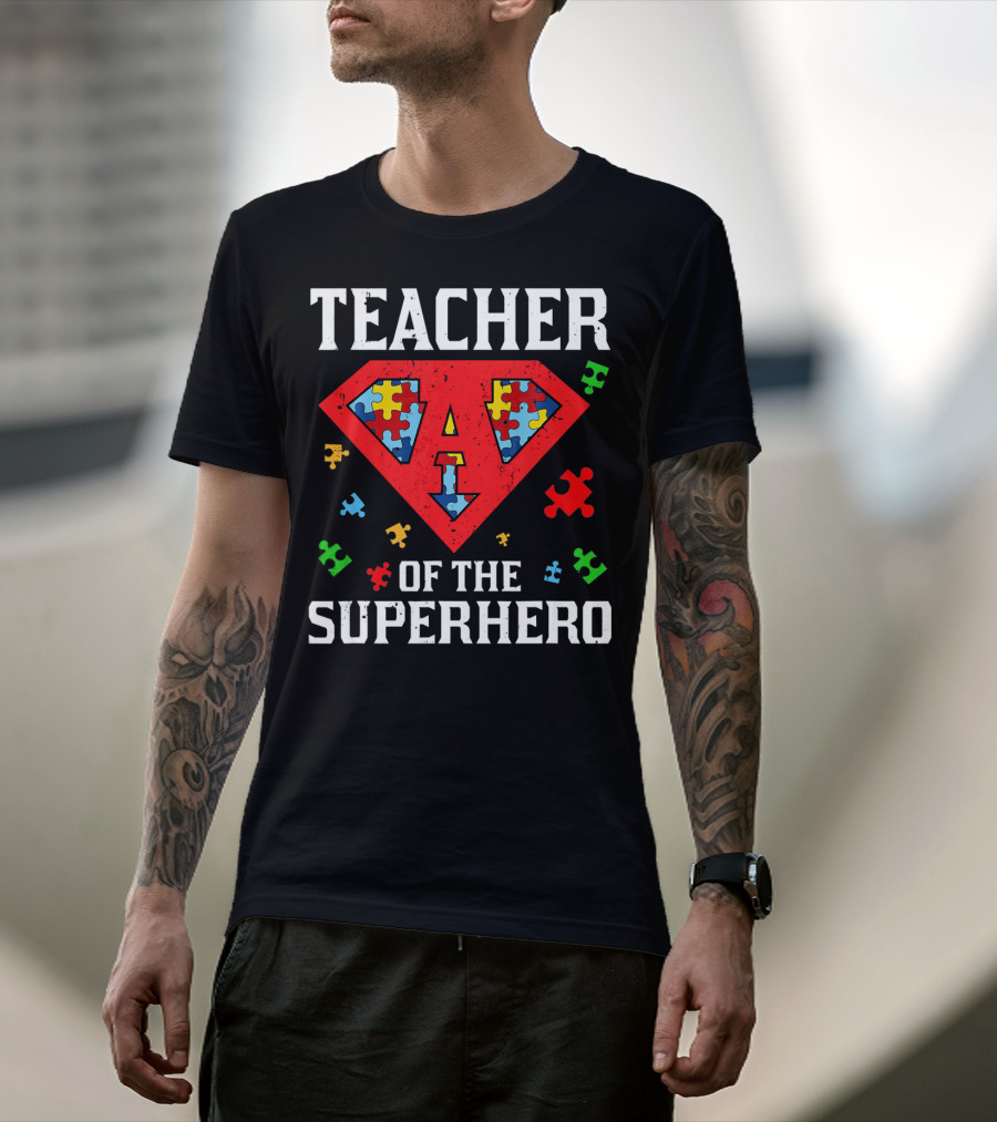 Teacher Of The Superhero With Puzzle Pieces Autism Awareness T-Shirt
