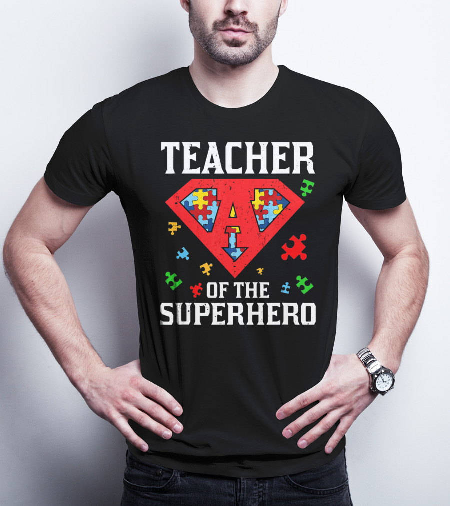Teacher Of The Superhero With Puzzle Pieces Autism Awareness T-Shirt
