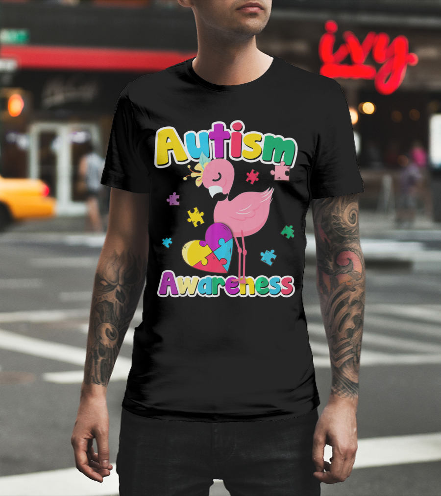 Autism Awareness Flamingo Heart Puzzle Pieces T-Shirt